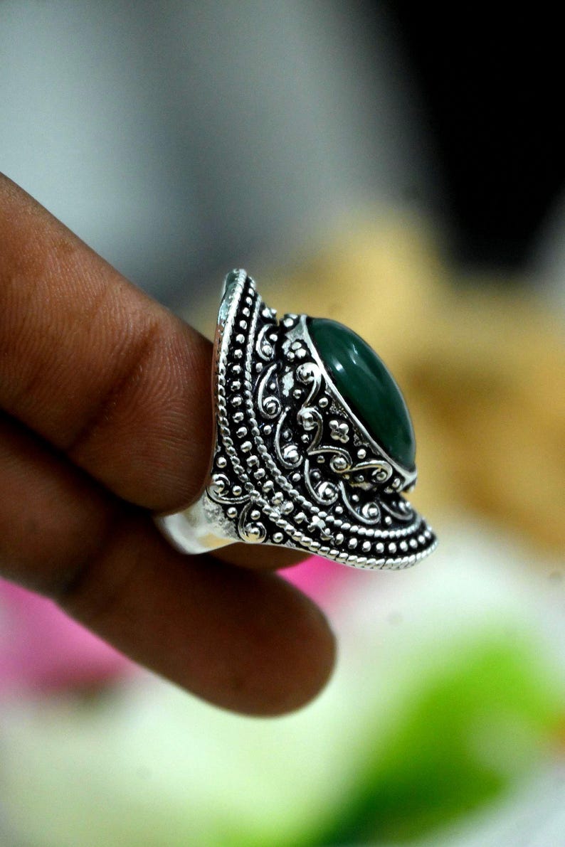 Buy Oval Green Onyx Ring, Handmade Oxidized Silver Ring, Vintage ...
