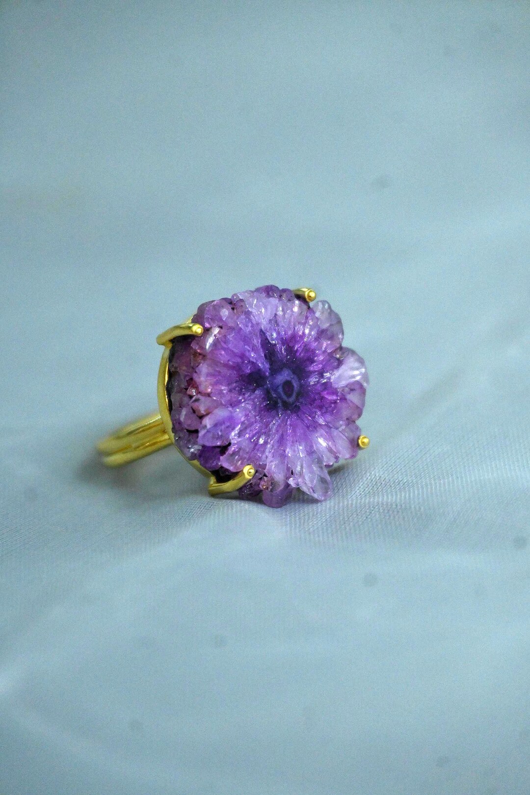 Purple Crystal Flower Ring in Gold Tone Setting | Handmade Druzy Style ...