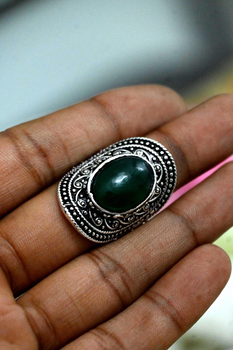 Buy Oval Green Onyx Ring, Handmade Oxidized Silver Ring, Vintage ...