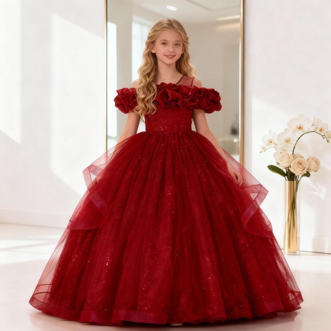 Elegant Ruffled Princess Ball Gown | Girls Wedding Birthday Bridesmaid ...
