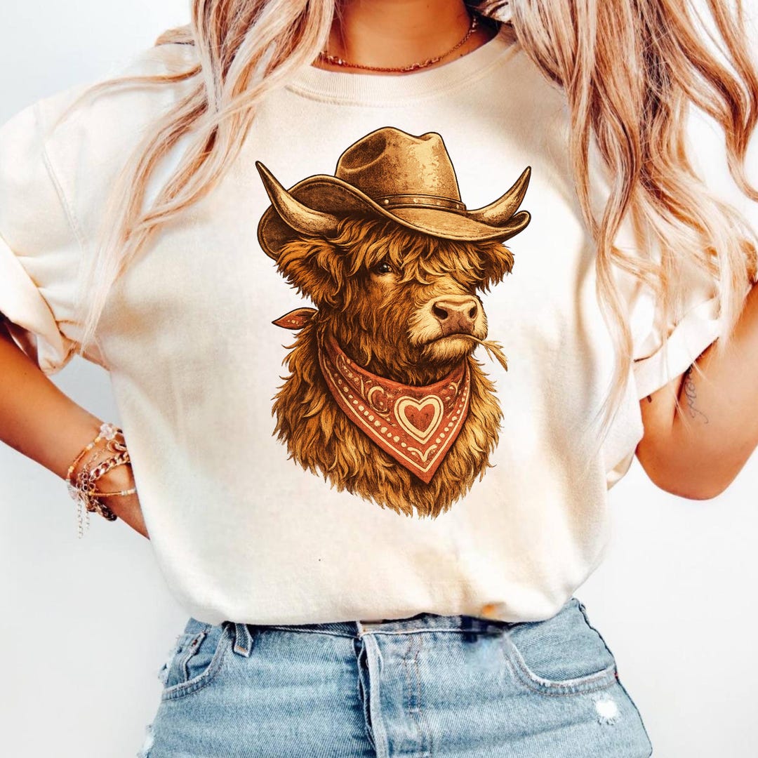Highland Cow Western Shirt, Cowboy Hat Heart Bandana Design, Cow Lover ...