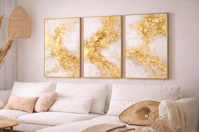 Gold Abstract Wall Art Set, Neutral Marble Triptych (digital Download ...