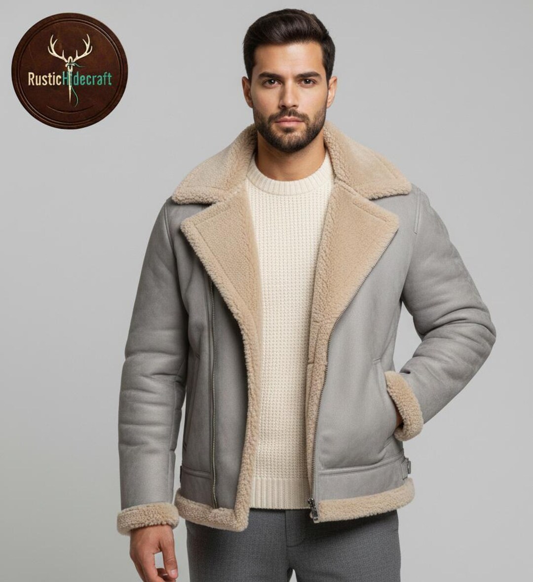 Men’s Gray Suede Leather Shearling Biker Jacket - Etsy