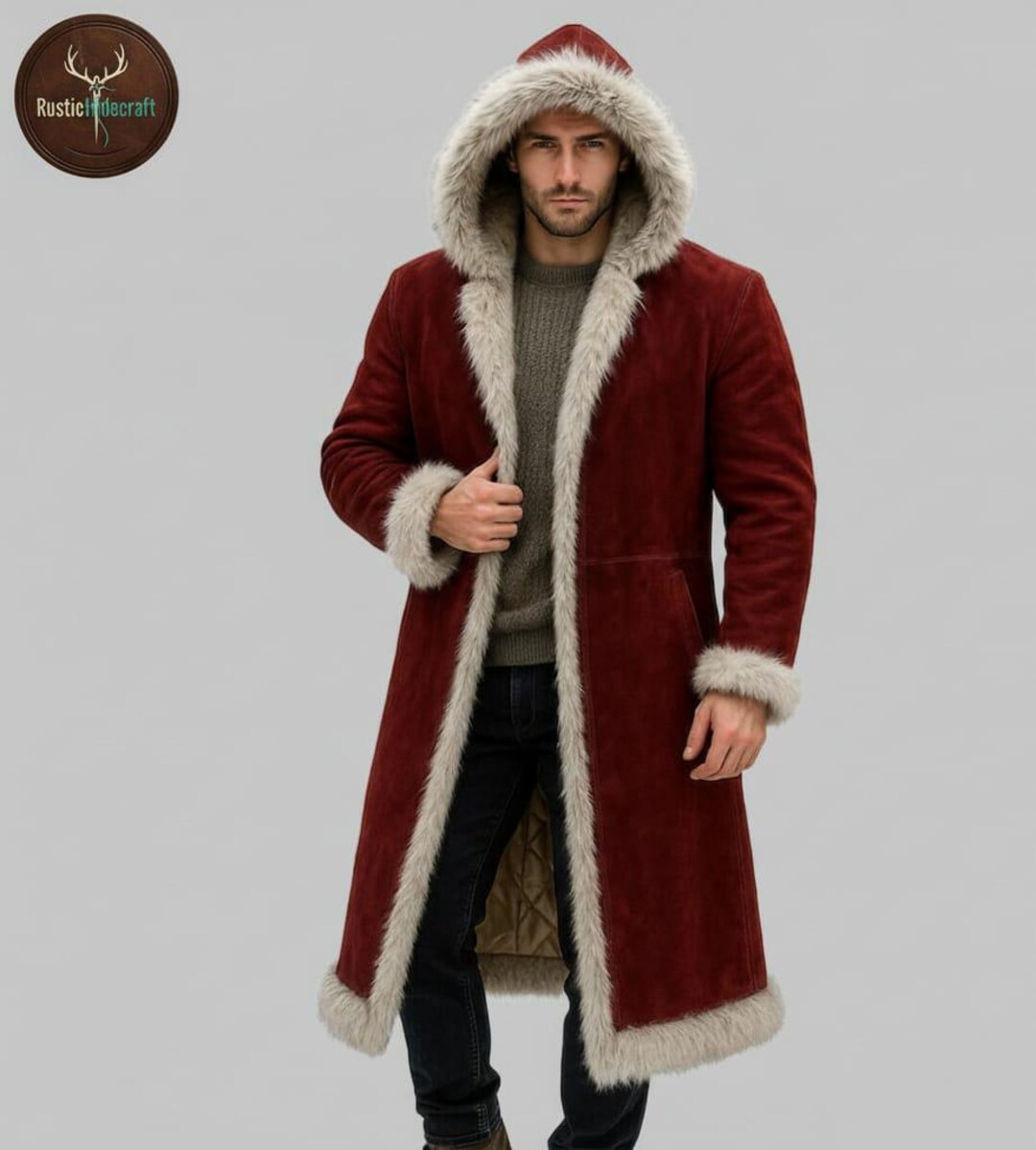 Men's Red Shearling Coat With Hood | Long Suede Duster Fur Trim - Etsy