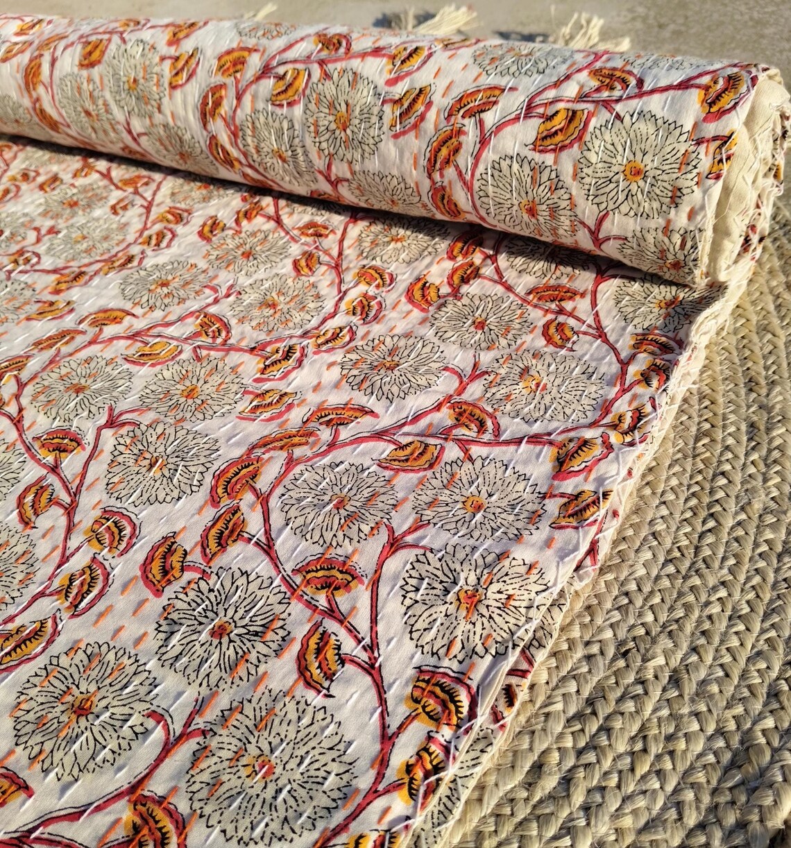 Orange Marigold Indian Kantha Quilt, Cotton Throw, Handmade Kantha ...