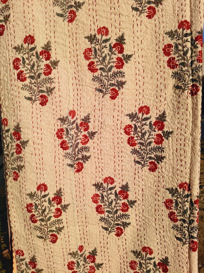 Indian Kantha Quilt, Marigold Throw, Handmade Cotton Kantha Blanket ...