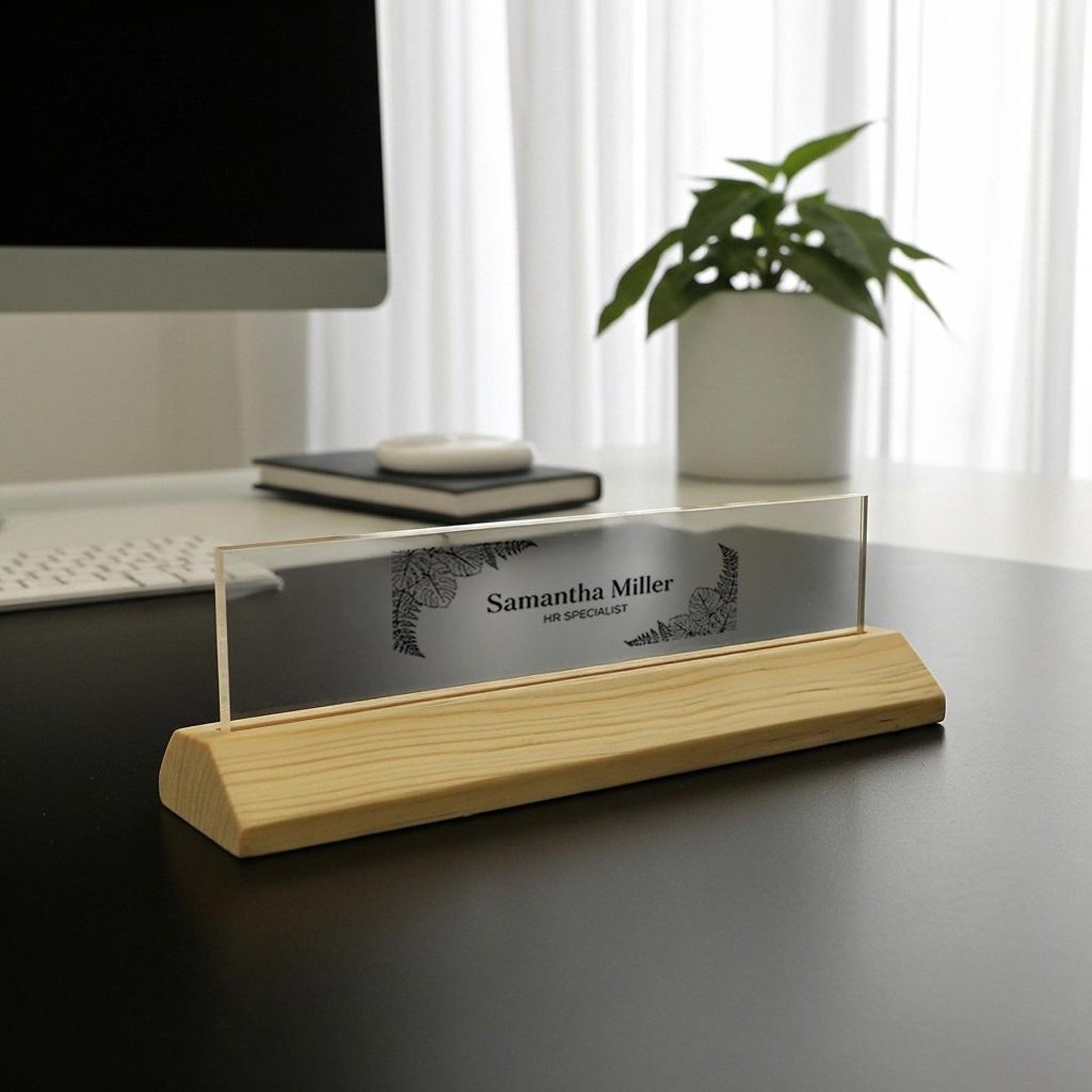 Custom Desk Name Plate, Floral Engraved Acrylic Sign, Wooden Base ...