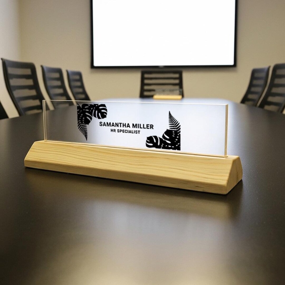 Custom Desk Name Plate, Botanical Design, Engraved Acrylic Sign, Wooden ...