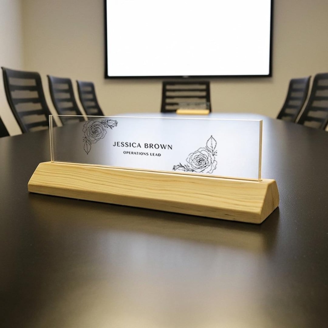 Personalized Desk Nameplate, Floral Acrylic Office Sign, Natural Wood ...