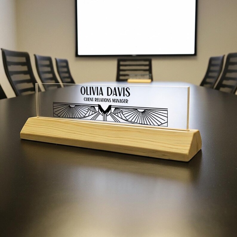 Art Deco Desk Name Plate, Engraved Acrylic Office Plaque, Wood Base ...