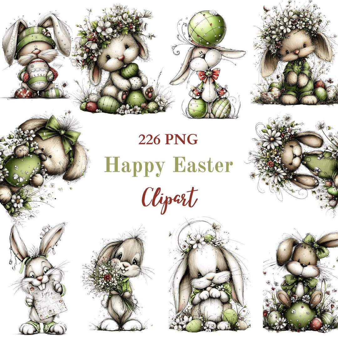 Whimsical Easter Bunny PNG Clipart, Shabby Chic Spring Rabbit Bundle ...