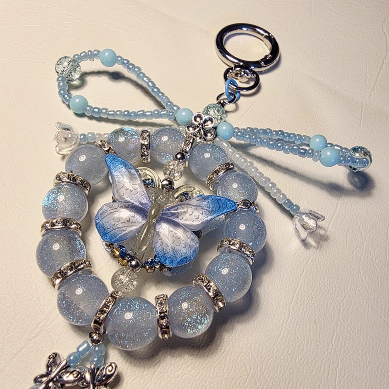 Blue Butterfly Beaded Keychain | Sparkly Pastel Bag Charm | Handmade ...
