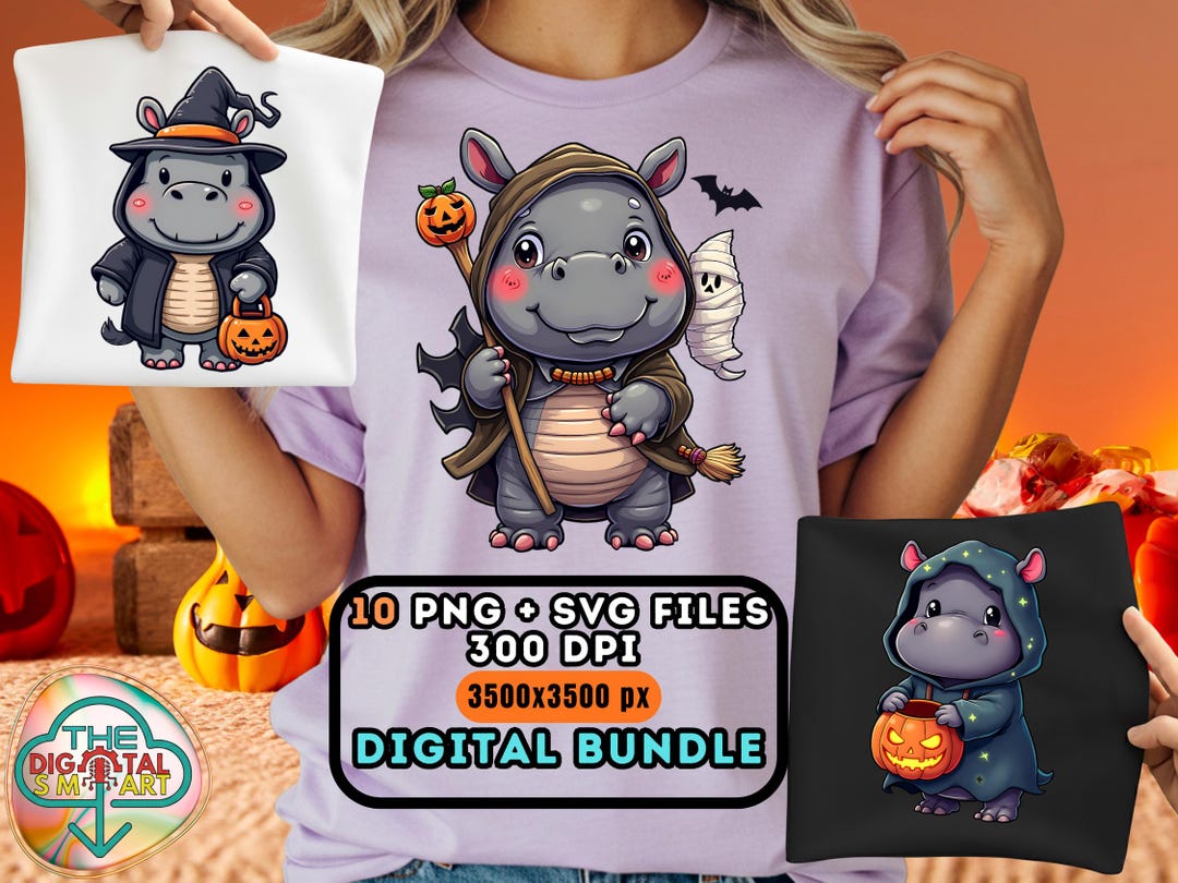 Halloween Hippo Spooky Kawaii Animal Png Clipart Svg Bundle Digital ...