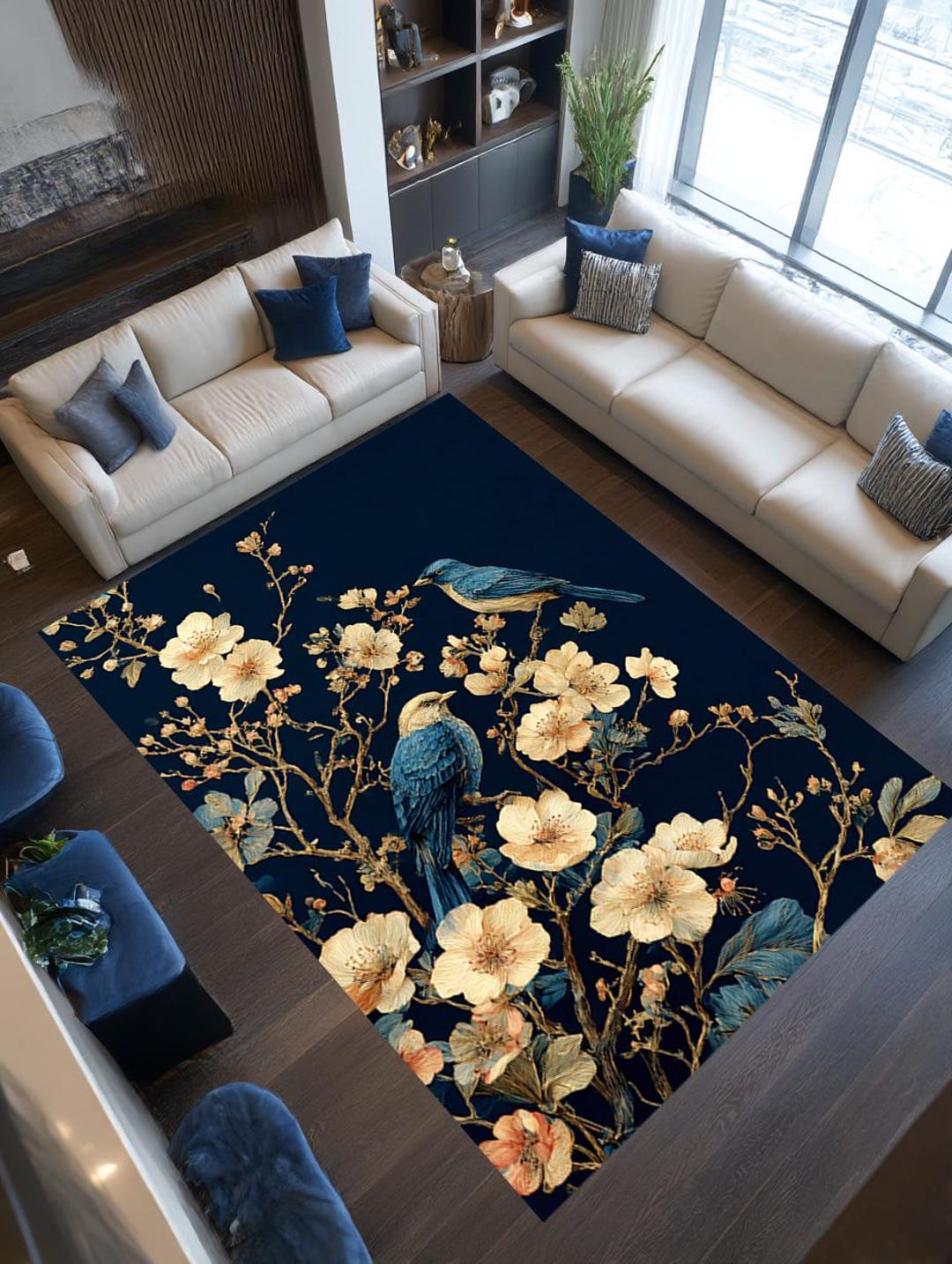 Bluebird Cherry Blossom Rug, Navy Floral Botanical Area Carpet, Vintage ...