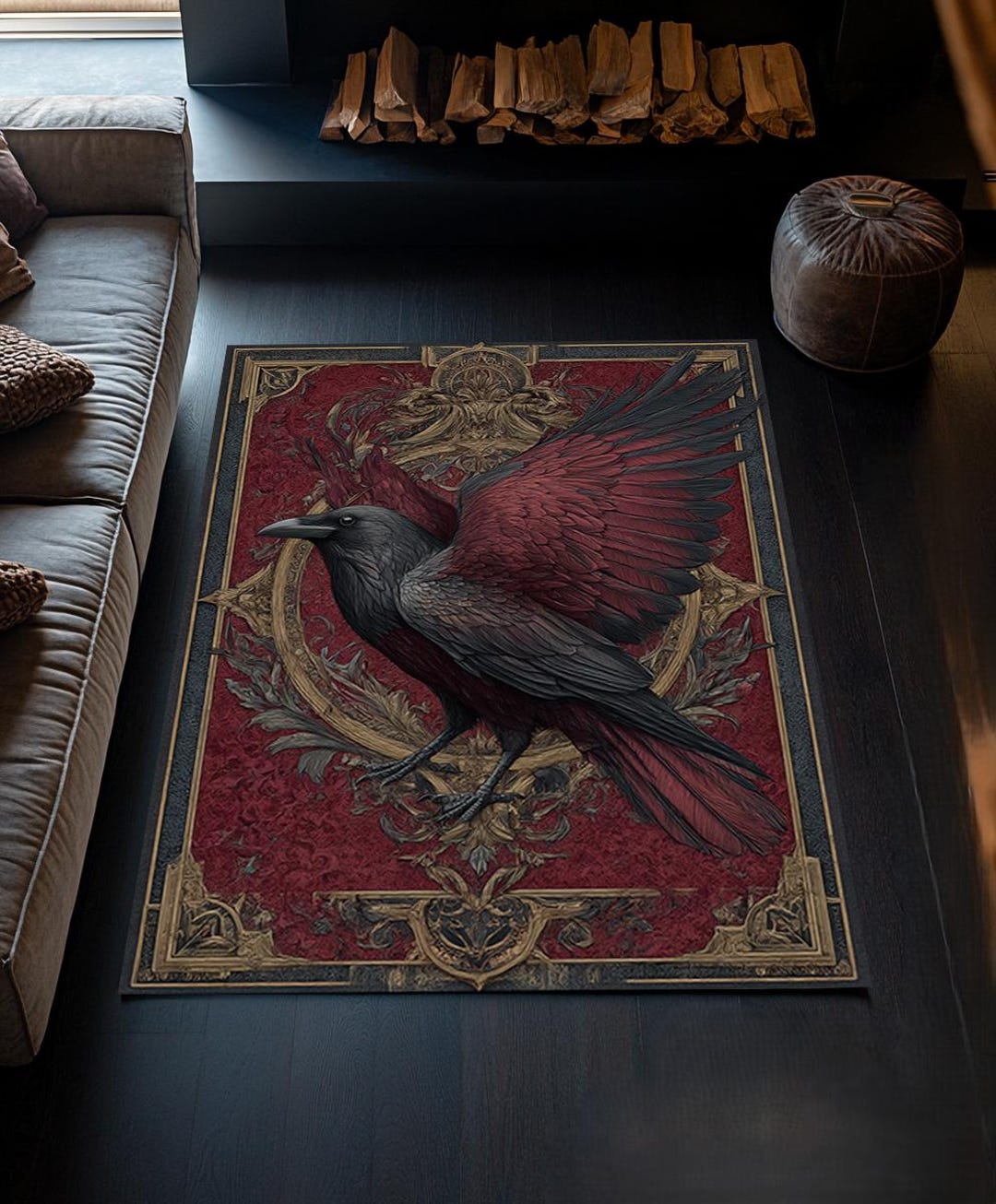 Gothic Raven Rug, Dark Academia Decor, Red and Gold - Etsy