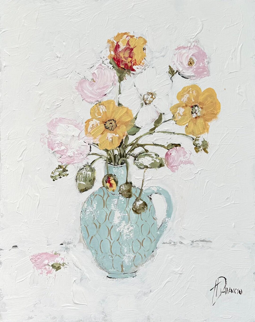 Original Still Life Painting 'blue Vase With Daisies and Roses' - Etsy