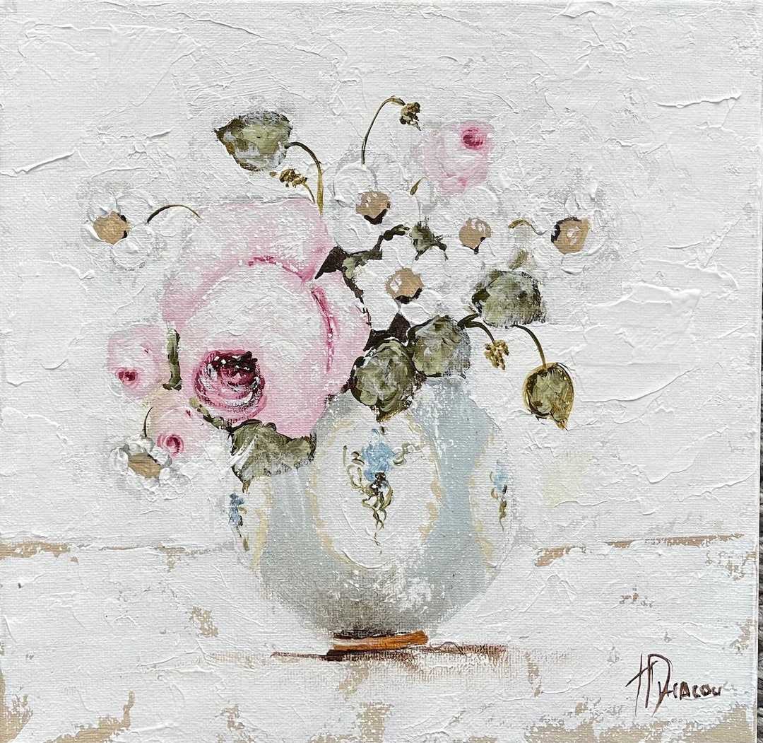 Original Still Life Painting 'pink Roses in Vintage Blue Vase' - Etsy