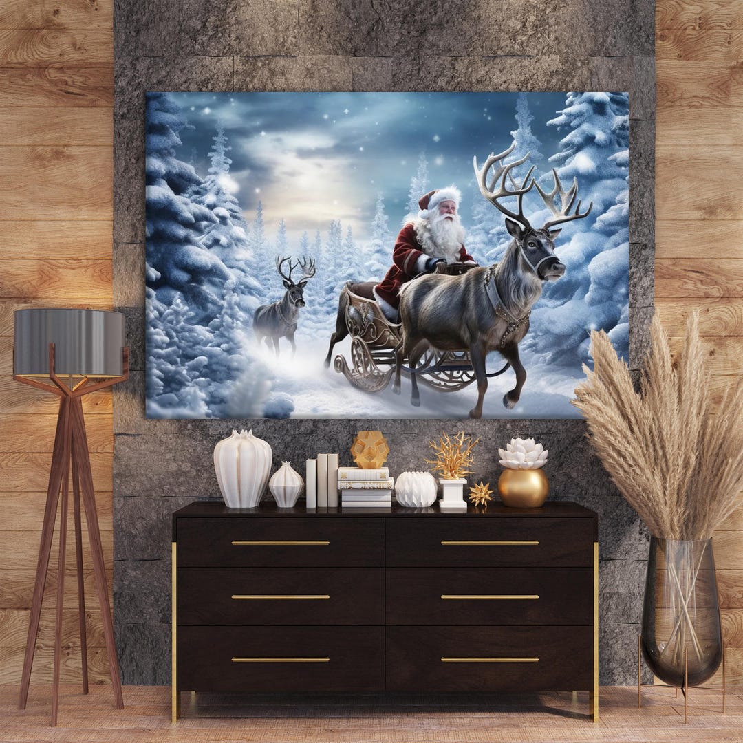 Santa Claus Reindeer Sleigh Canvas Print, Winter Christmas Wall Art ...