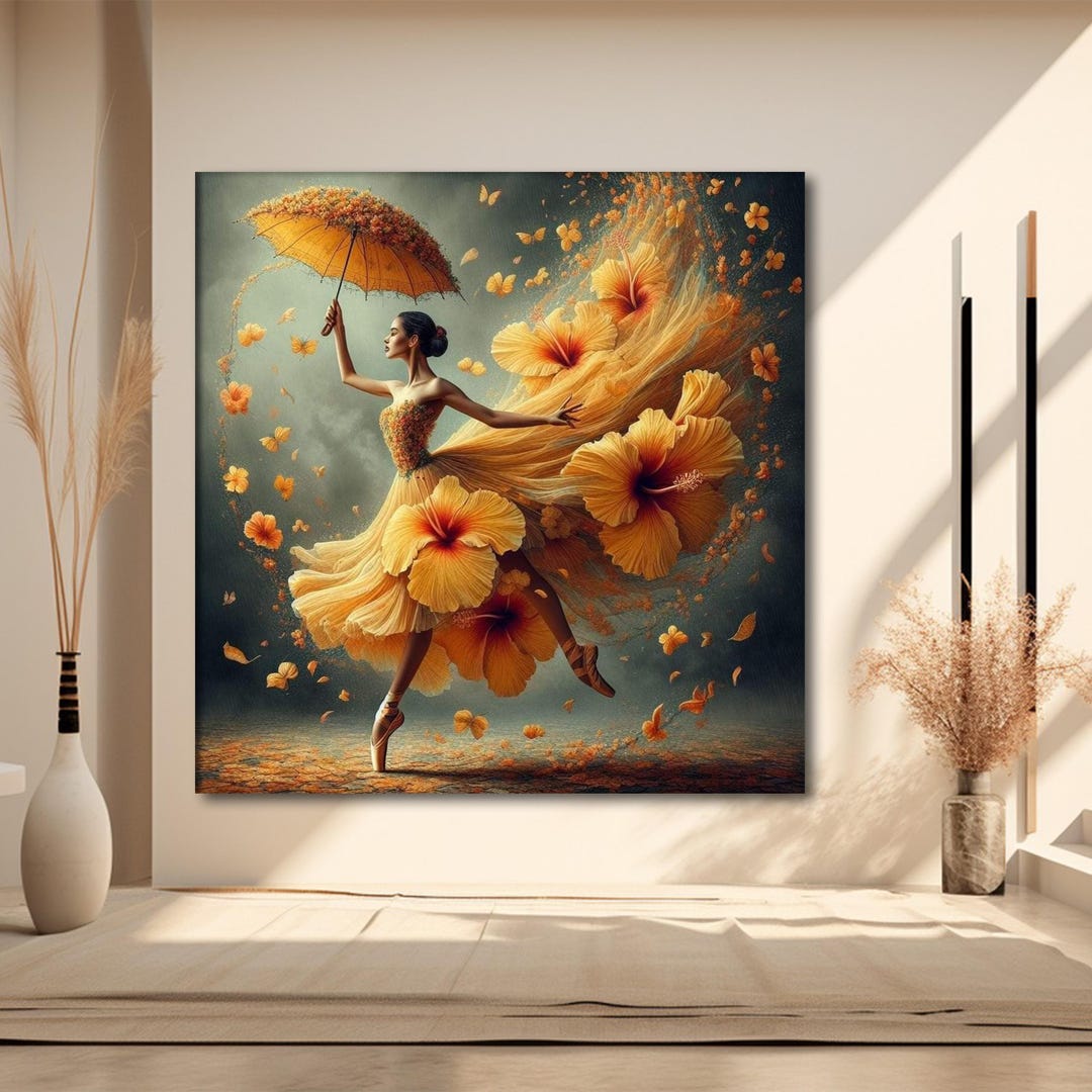 Floral Ballerina Canvas Art, Elegant Dancer Wall Decor, Fantasy Flower ...
