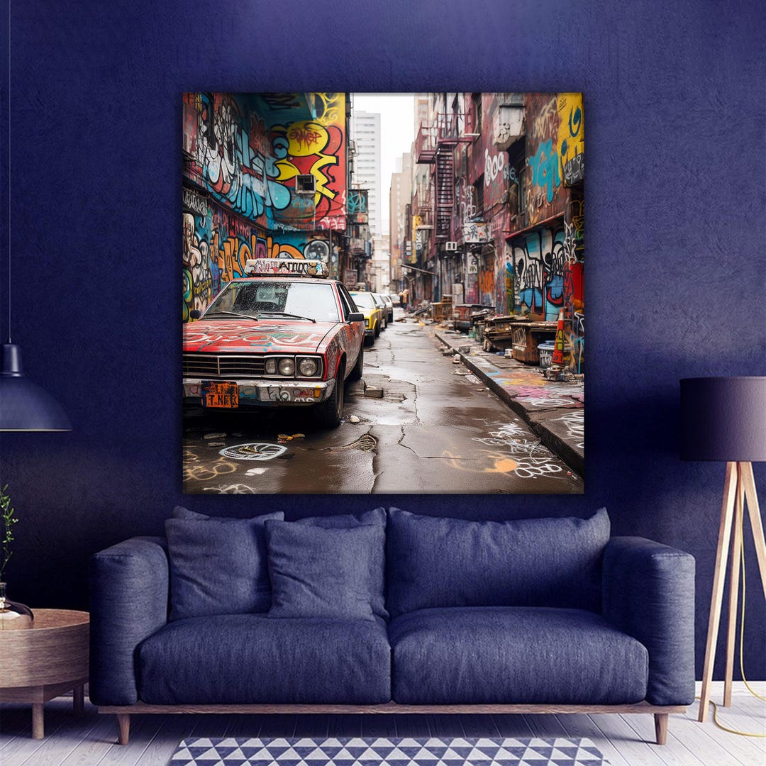 Urban Street Art Canvas, Graffiti City Wall Decor, Retro Taxi Wall Art ...