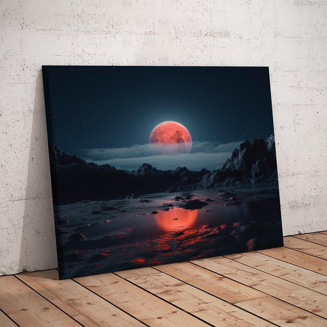 Blood Moon Wall Art, Red Moon Reflection Landscape, Mystical Night Sky ...