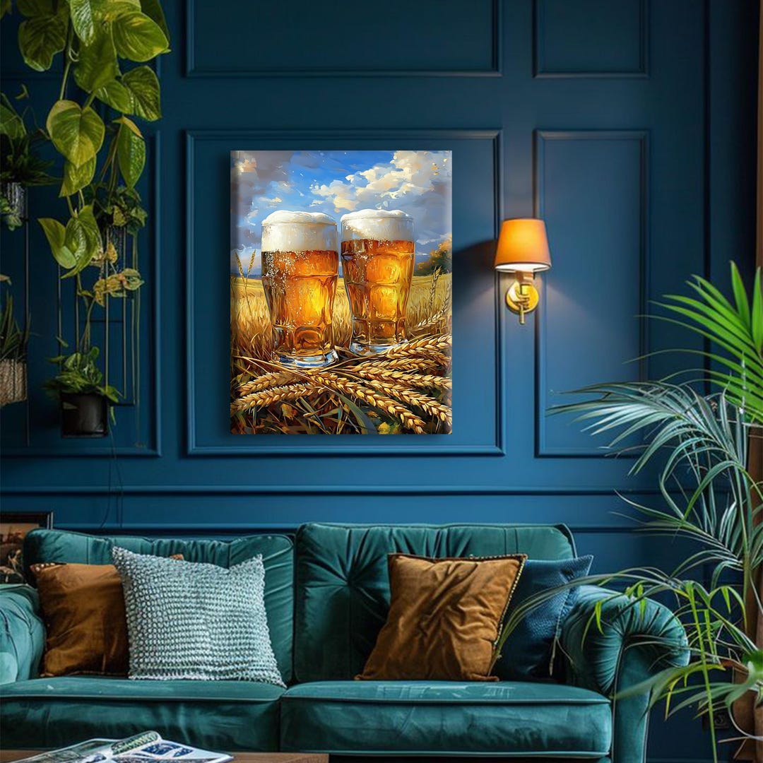 Beer Wall Art Canvas Print, Painting of Two Beer Glasses, Rustic Bar ...