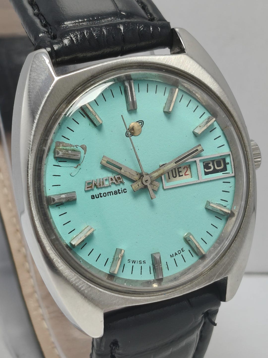 Vintage Enicar Automatic Wrist Watch Turquoise Dial Day & Date Swiss ...