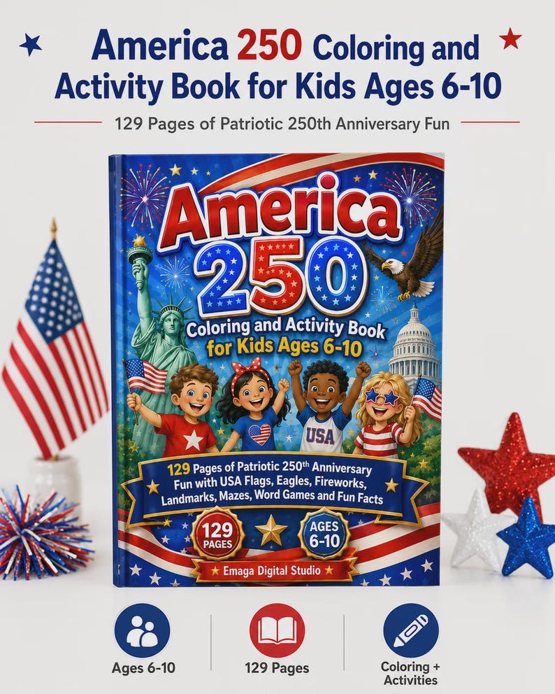 America 250 Coloring Book, Patriotic Kids Activity, 129 Pages (digital ...