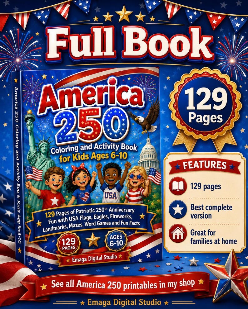 America 250 Coloring Book, Patriotic Kids Activity, 129 Pages (digital ...