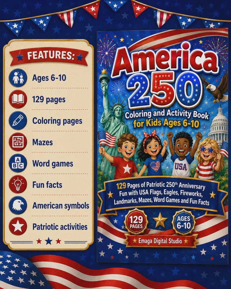 America 250 Coloring Book, Patriotic Kids Activity, 129 Pages (digital ...