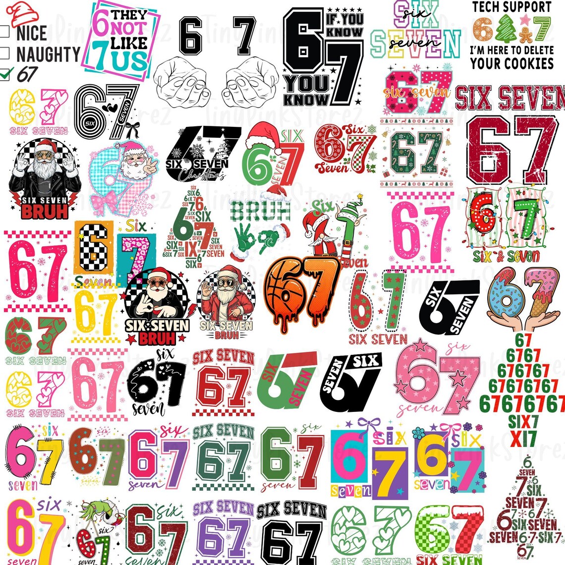 Funny Christmas Meme SIX Seven Png Bundle, Santa Says 67 Clipart Png ...