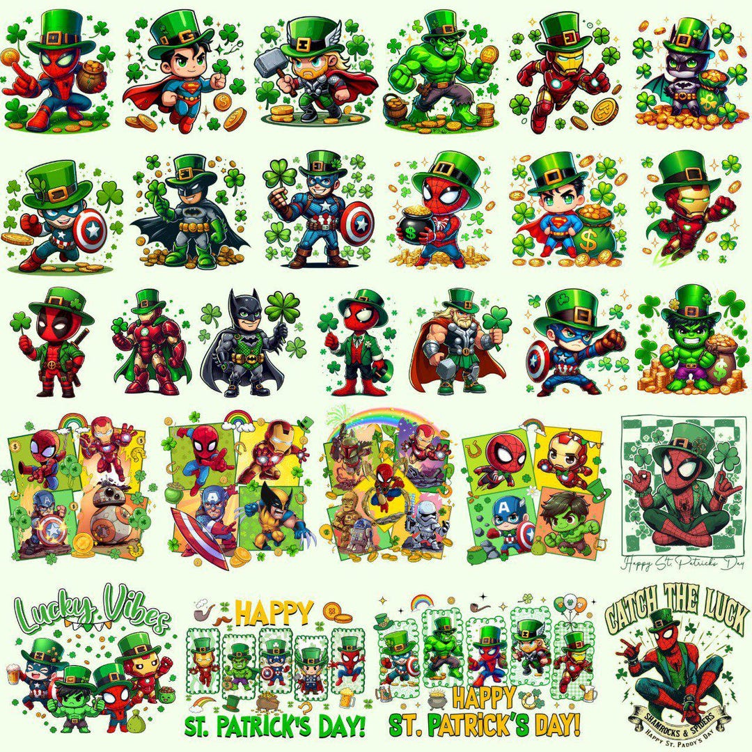 St Patrick’s Day Lucky Hero Stickers PNG | Cute Green Chibi Characters ...