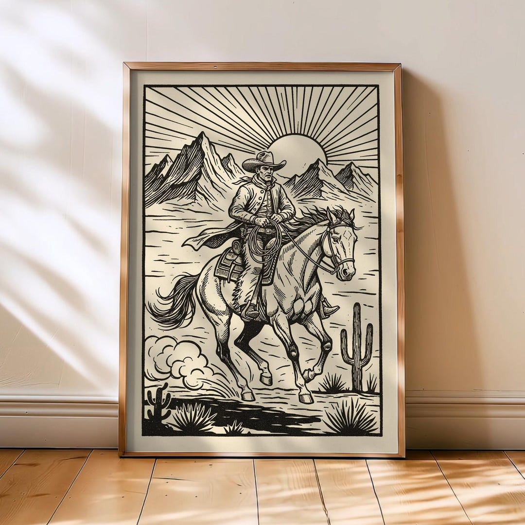 Cowboy Linocut Art Print, Vintage Cowboy Poster, Wild West Art, Cowboy ...