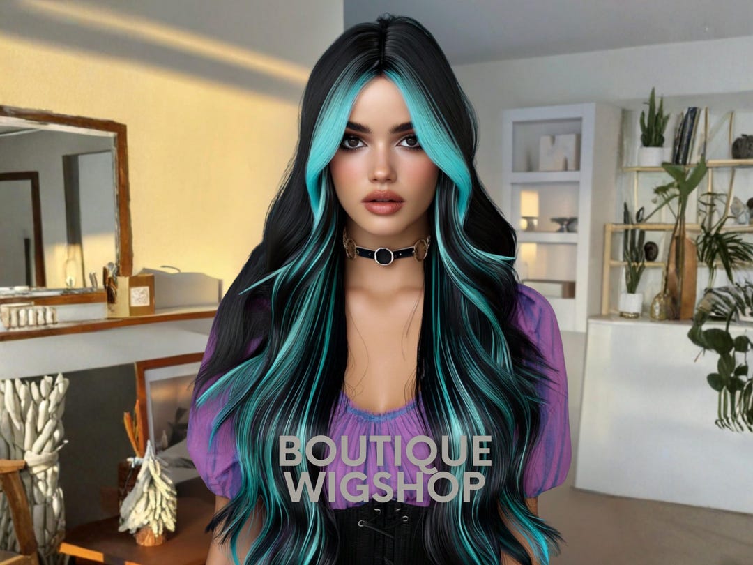 Black Turquoise Ombre Long Wig With Soft Waves, Blue Highlight Medium ...