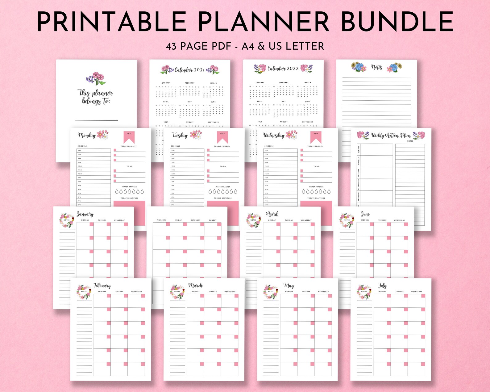 Printable Floral Planner | Monthly Calendar | Daily Planner Pages ...