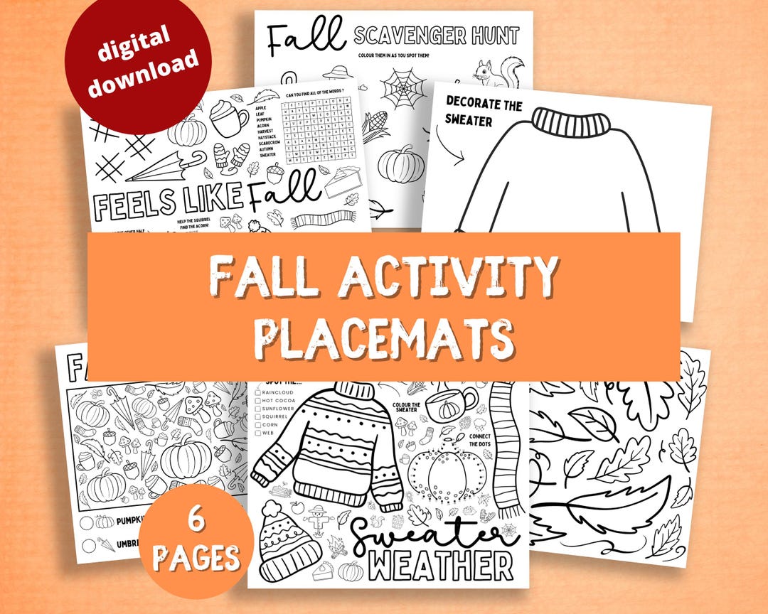 Fall Activity Placemat, Printable Coloring Sheet, Fall Activities for ...