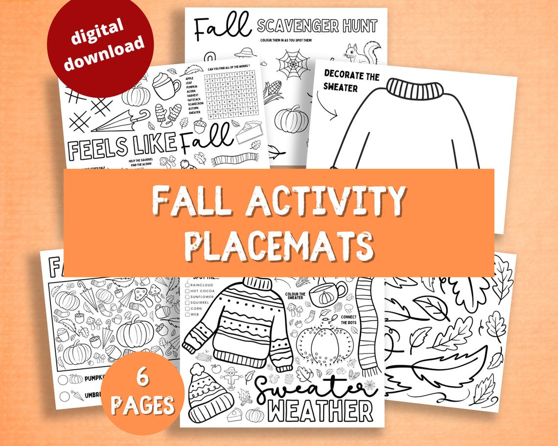 Fall Activity Placemat, Printable Coloring Sheet, Fall Activities for ...
