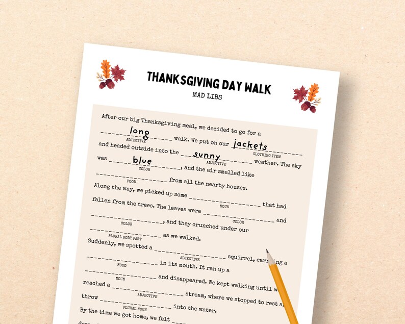 Thanksgiving Mad Libs, Printable Game, Mad Lib PDF, Turkey Story, Fill ...