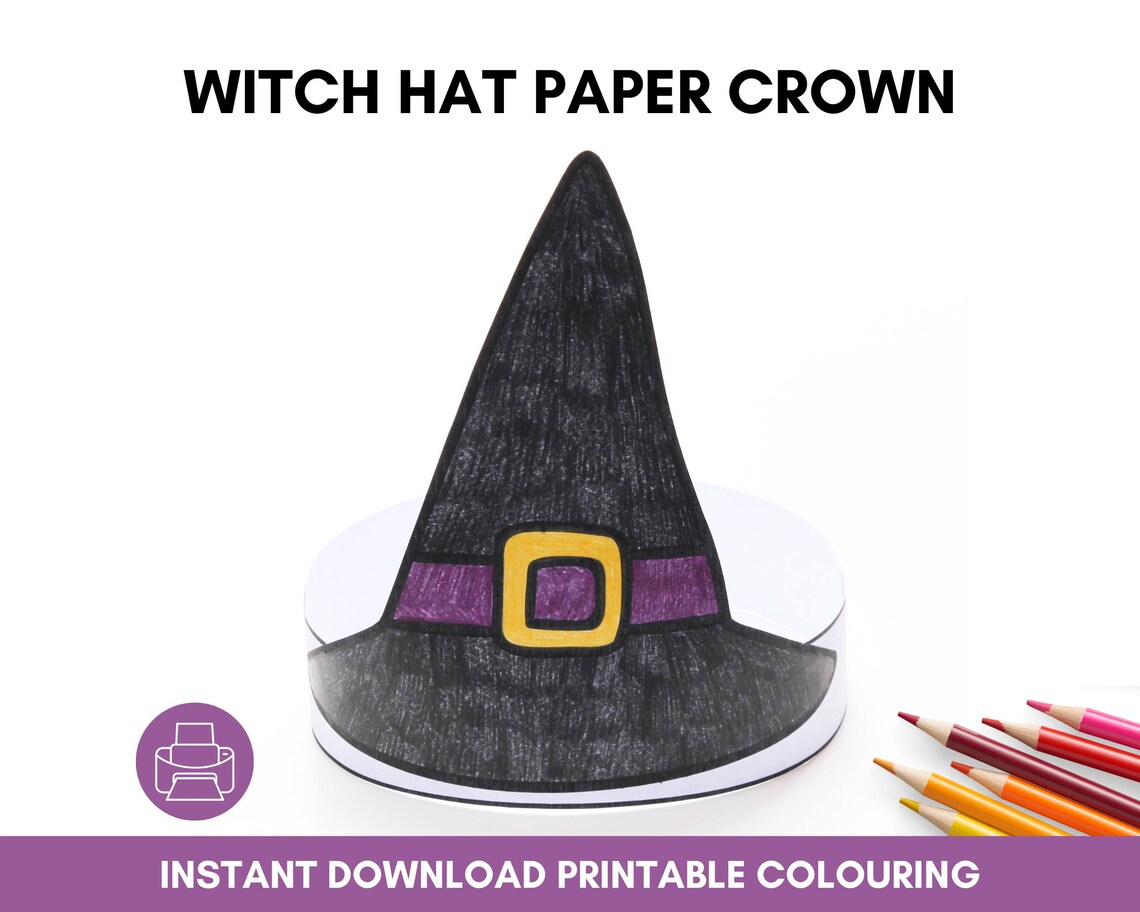 Witch Hat Paper Crown, Printable Paper Craft, Halloween Coloring Page ...
