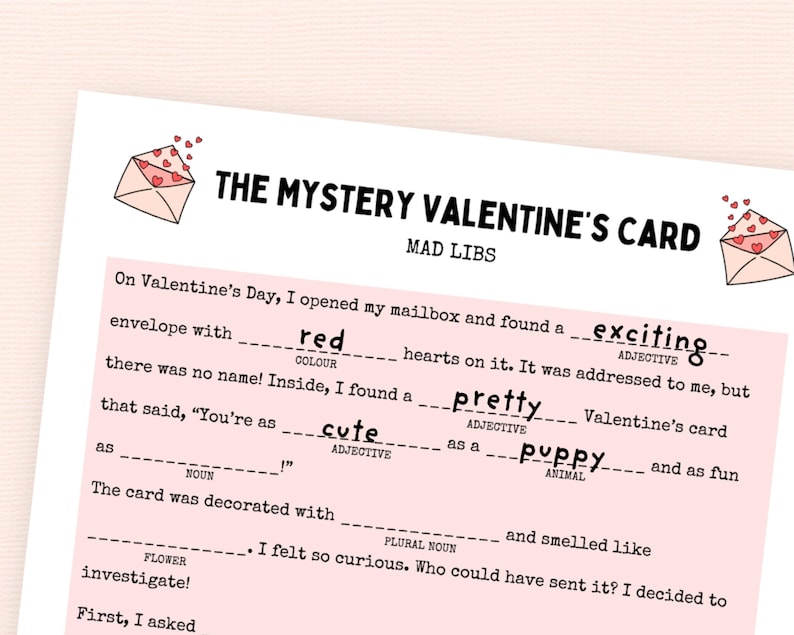Valentine Mad Libs, Printable Game, Mad Lib PDF, Valentine's Day Story ...