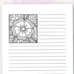 Colouring Journal Pages, Printable Lined Page, Floral Design ...