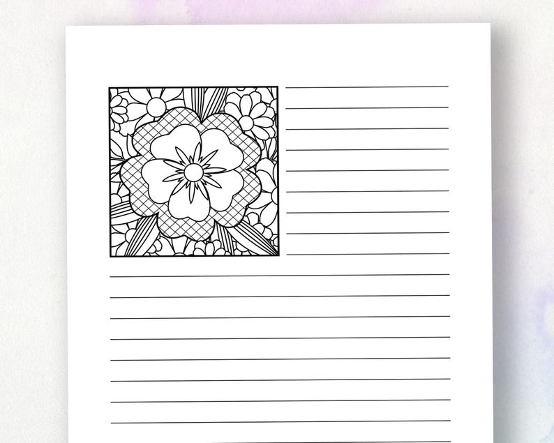 Colouring Journal Pages, Printable Lined Page, Floral Design ...