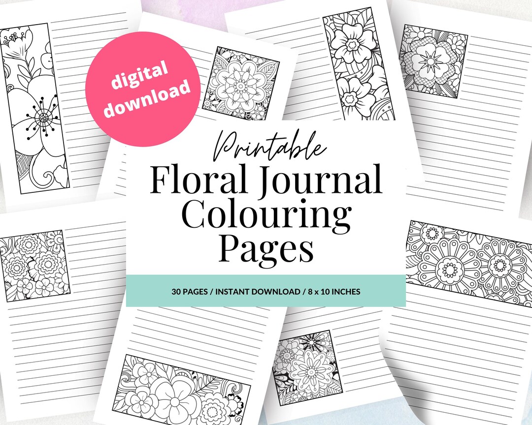 Colouring Journal Pages, Printable Lined Page, Floral Design ...
