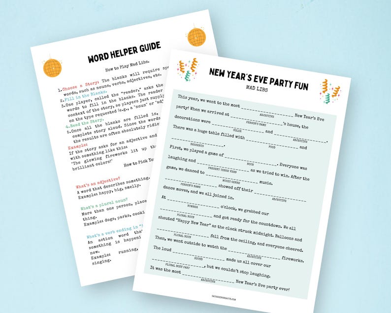 New Year's Eve Mad Libs, Printable Game, Mad Lib PDF, Holiday Story ...