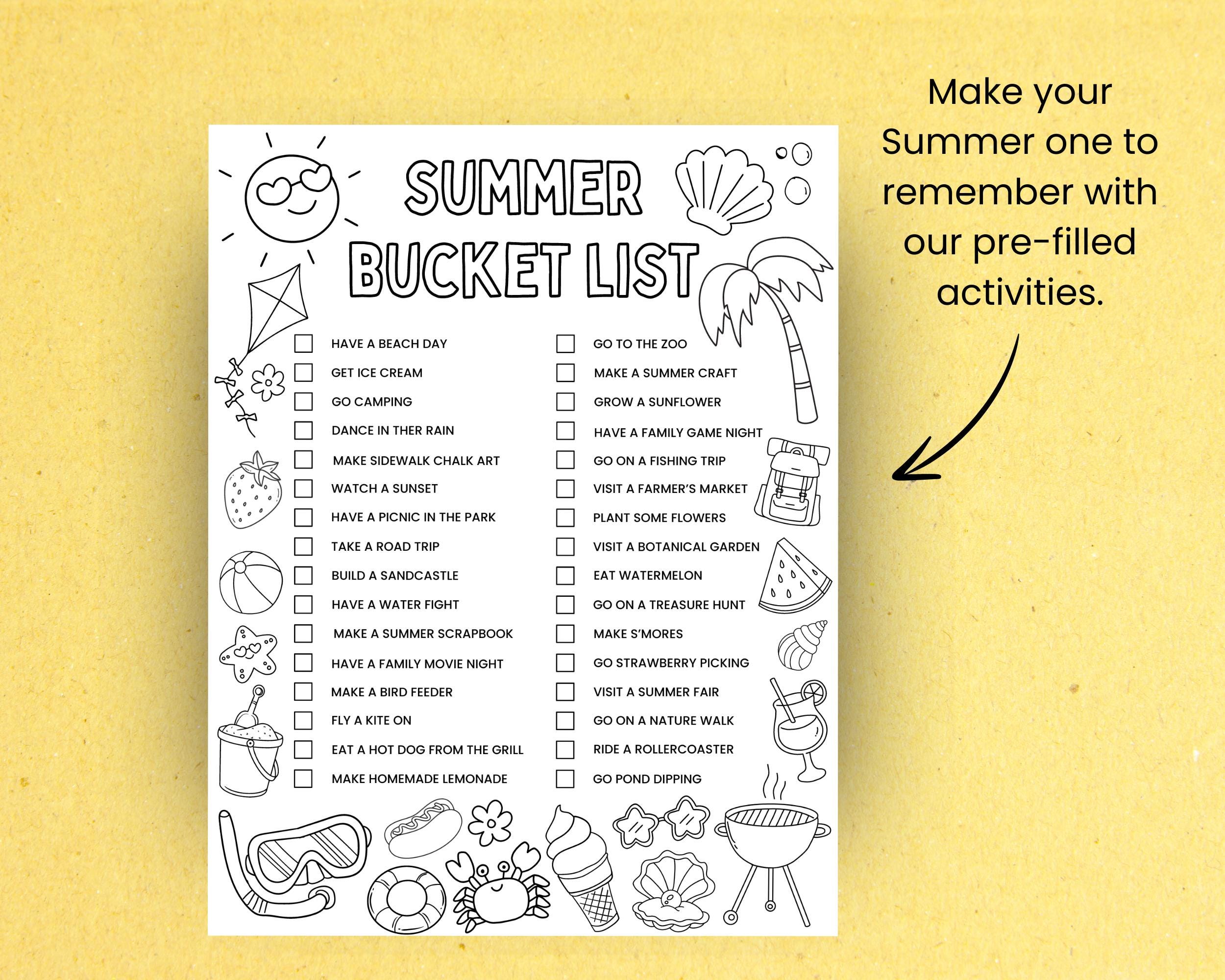 Summer Bucket List, Printable Summer Activities, Coloring Page, Holiday ...