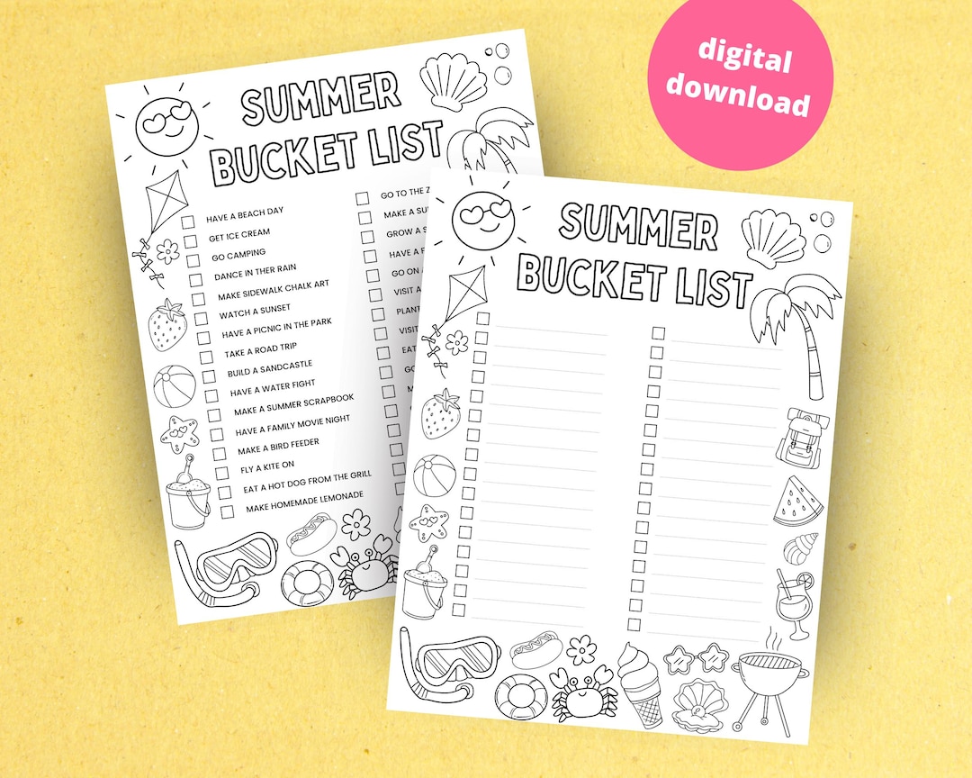 Summer Bucket List, Printable Summer Activities, Coloring Page, Holiday ...