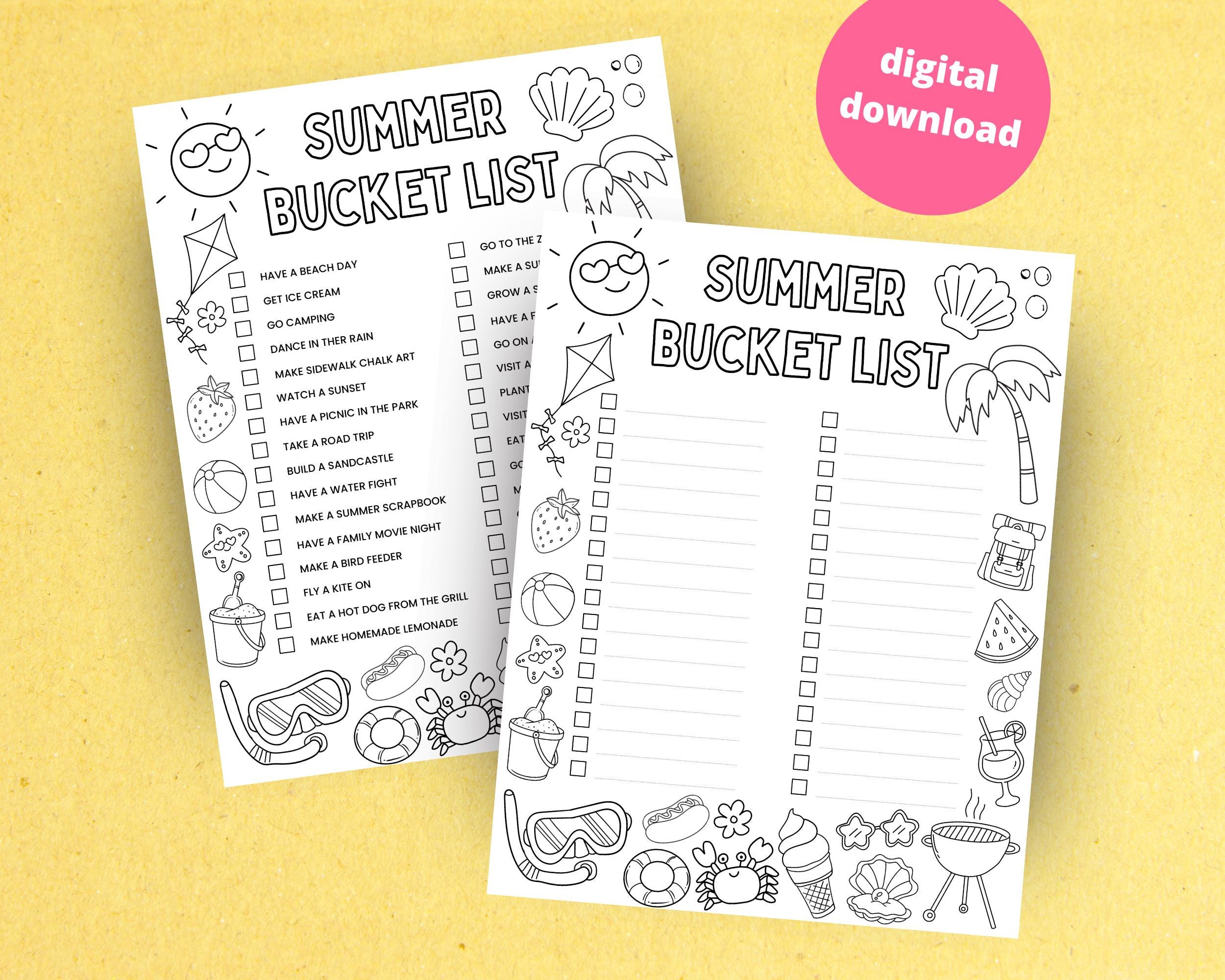 Summer Bucket List, Printable Summer Activities, Coloring Page, Holiday ...