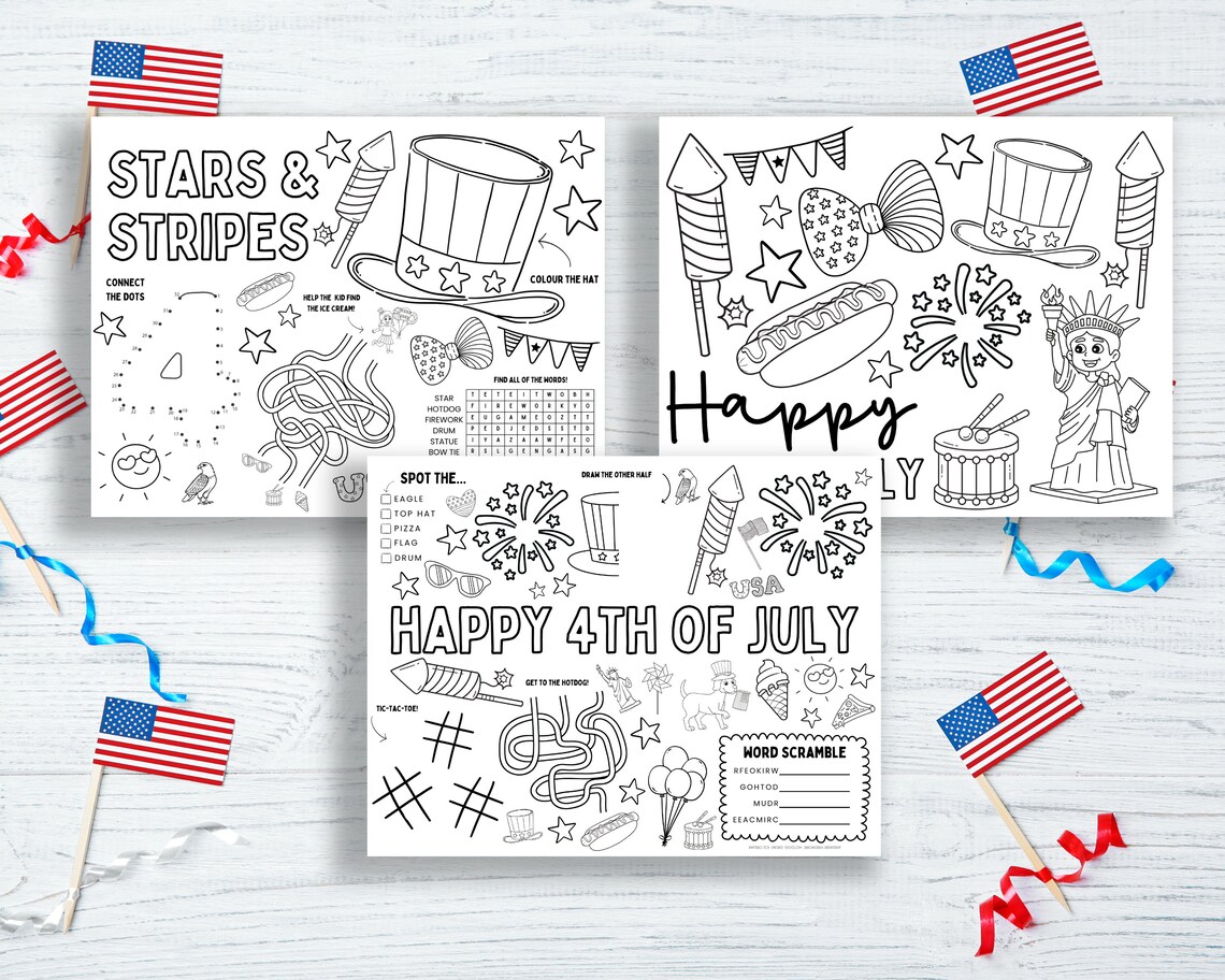 4th of July Activity Placemat for Kids, Independence Day Worksheet ...