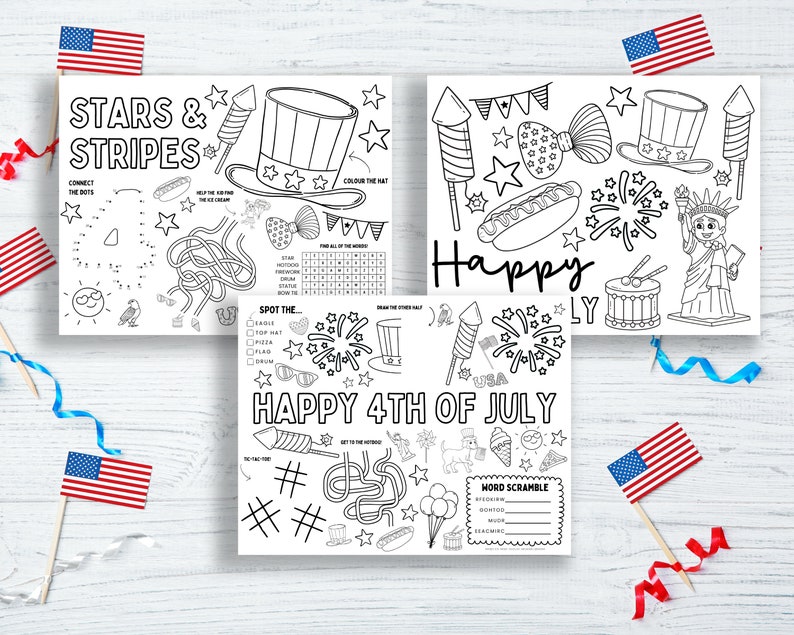 4th of July Activity Placemat for Kids, Independence Day Worksheet ...