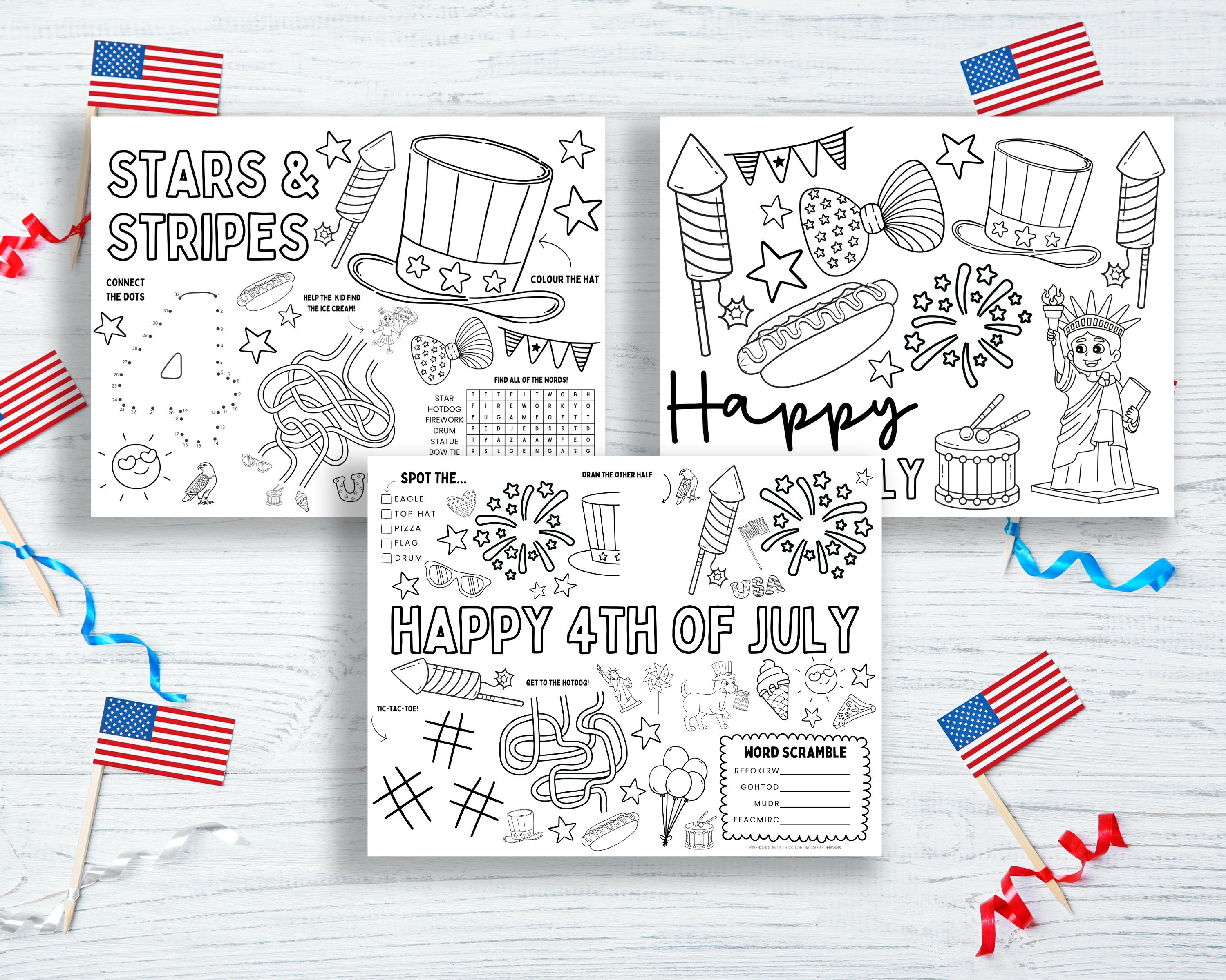 4th of July Activity Placemat for Kids, Independence Day Worksheet ...
